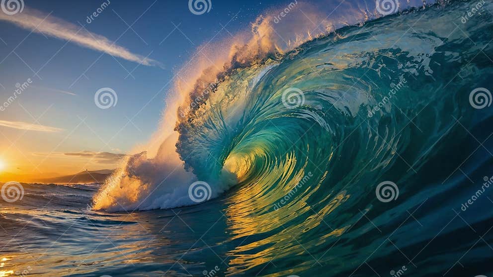 Close Up on Sunset on the Beach with Ocean Wave. Rough Colored Ocean ...