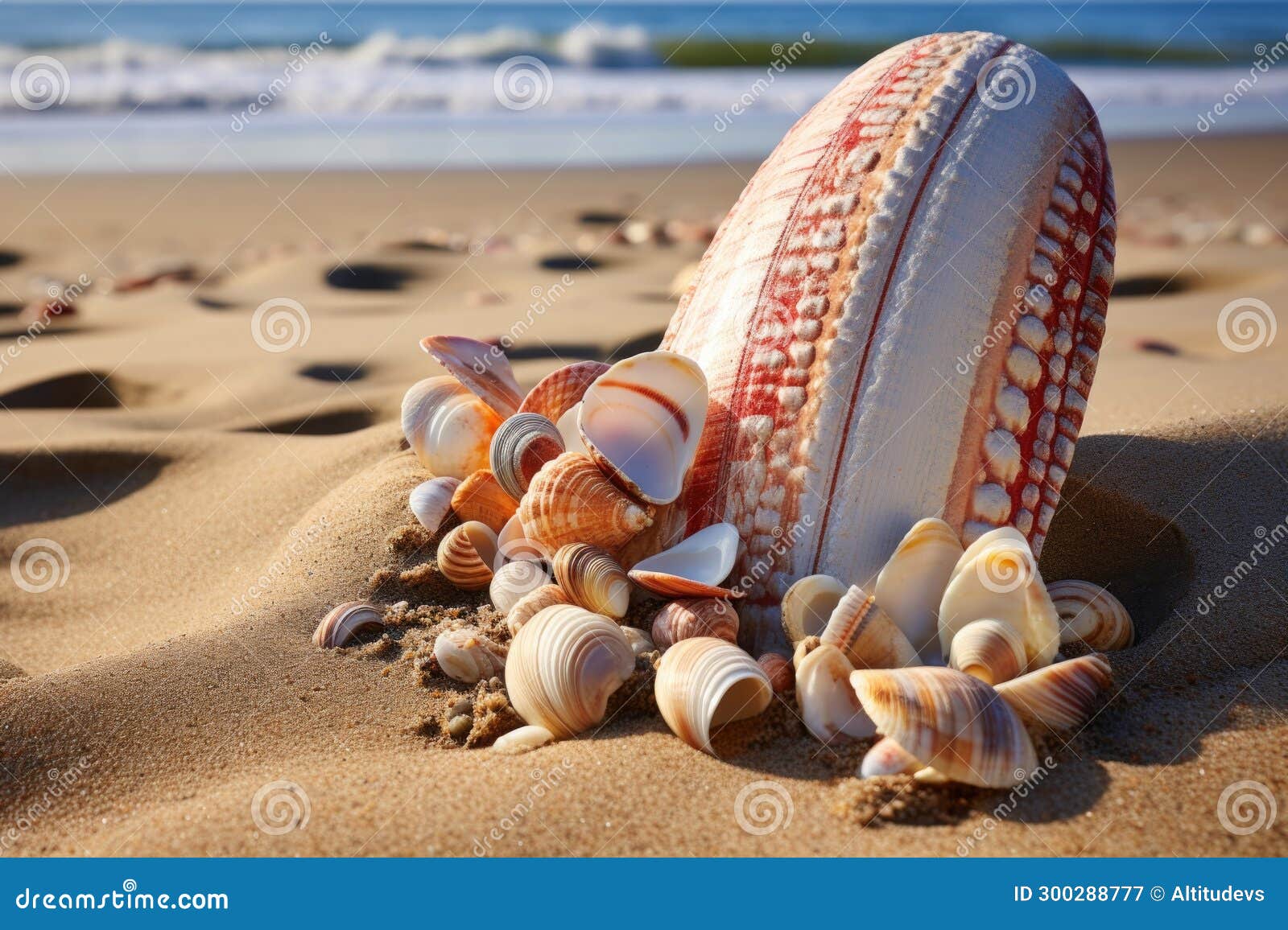 Close-up of a Surfboard on Sandy Beach, with Seashells Around Stock ...