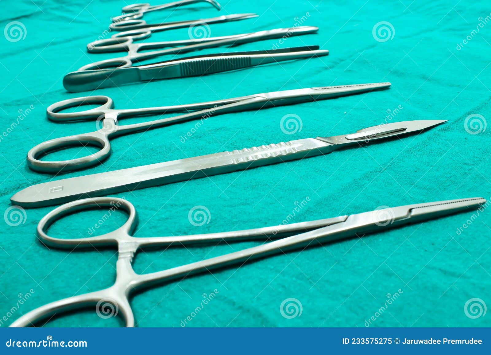 Close-Up of the Surgical Instruments on the Green Fabric Stock Image ...