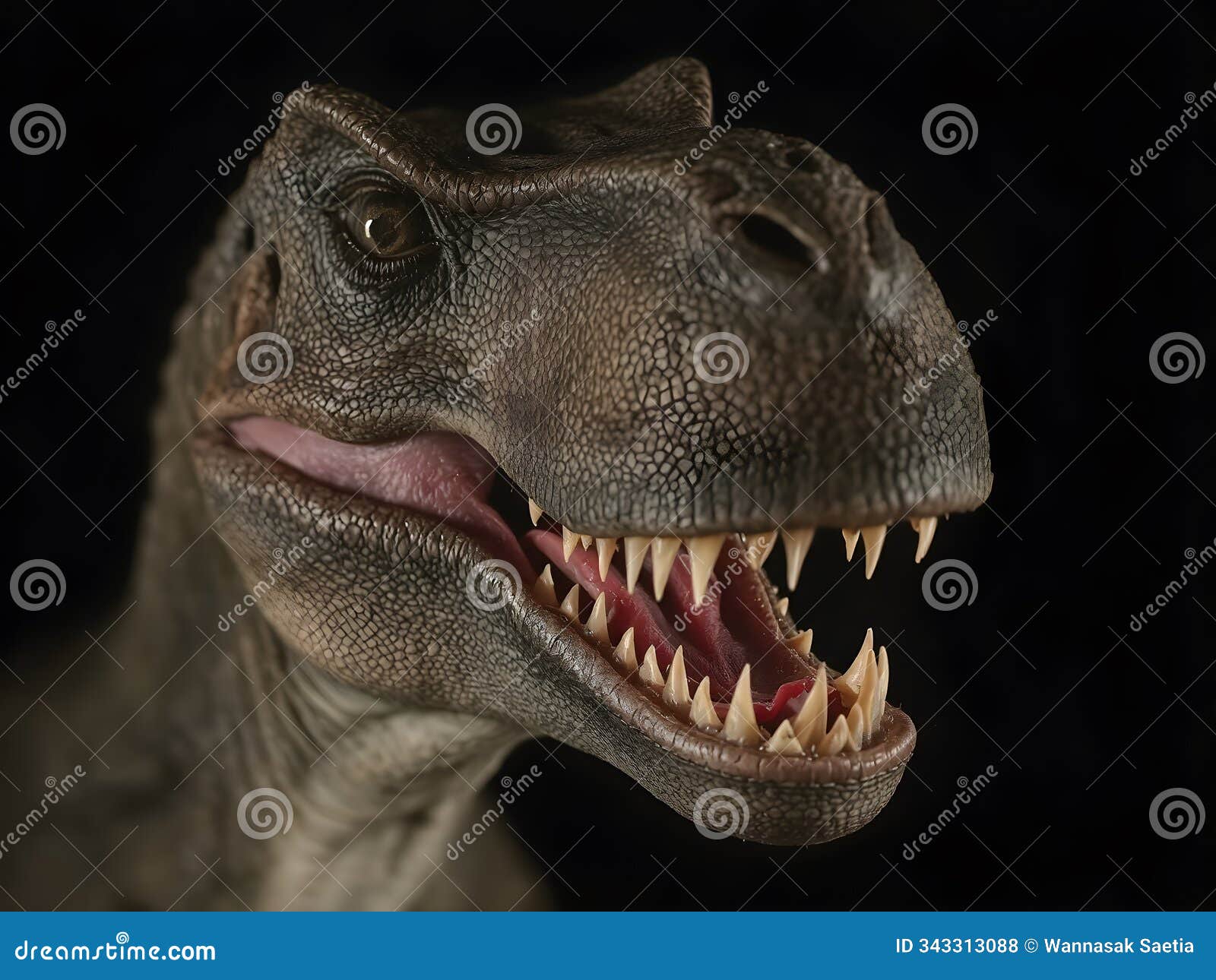 A Close-up of a T-Rex Dinosaur Head with Sharp Teeth and Intense Eyes ...