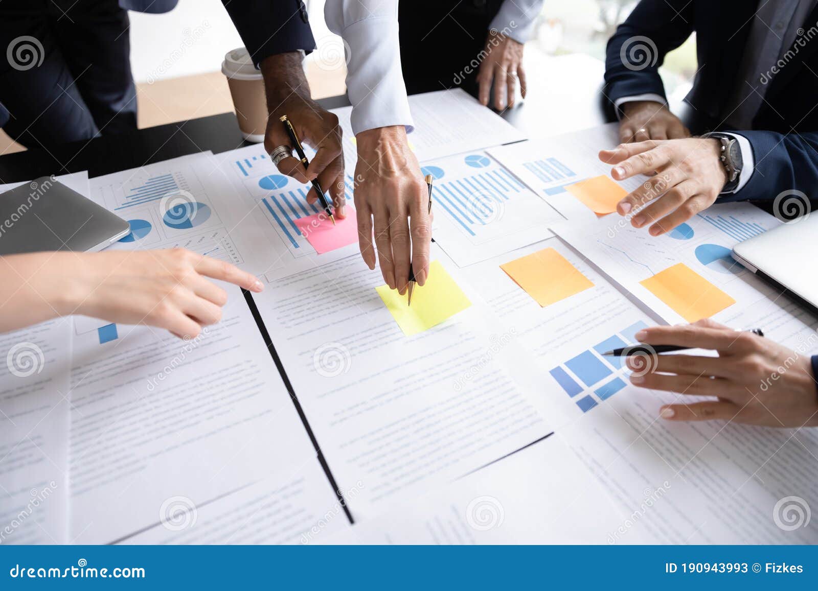 Closeup View Diverse Businesspeople Discuss Paperwork Data Statistics ...