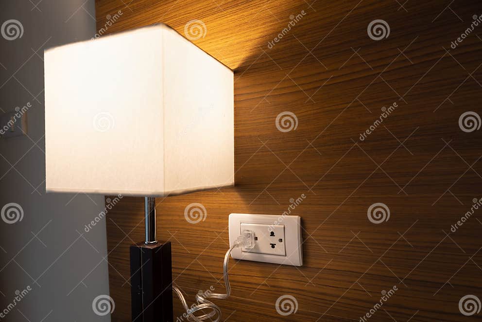 Close Up Table Lamp Electrical Power Socket and Plug Socket on Wall ...