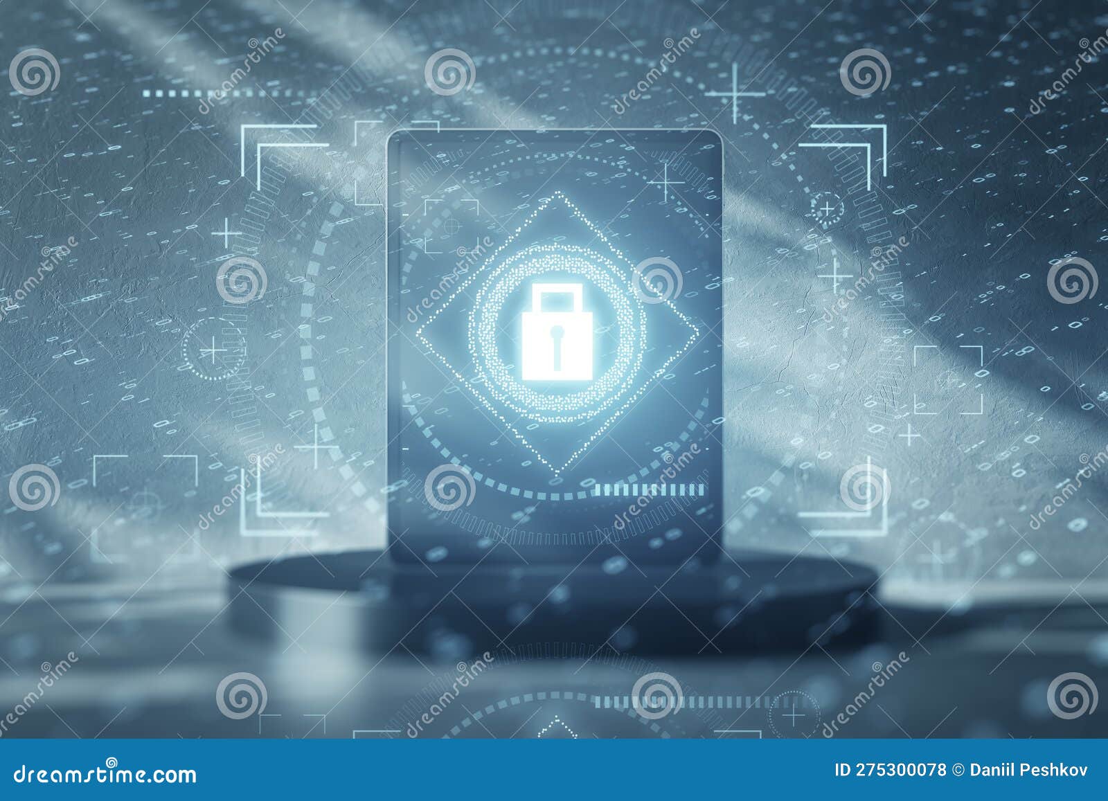 Close Up of Tablet with Glowing Padlock Interface on Concrete Wall ...
