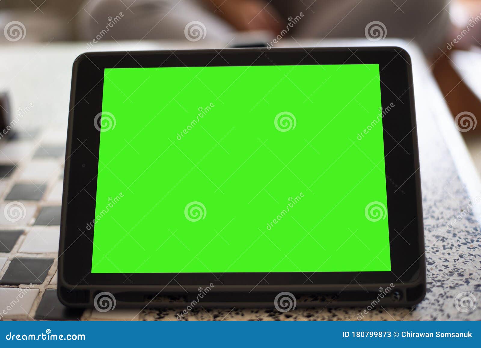 Close Up Tablet Green Screen on Table Stock Image - Image of copy ...