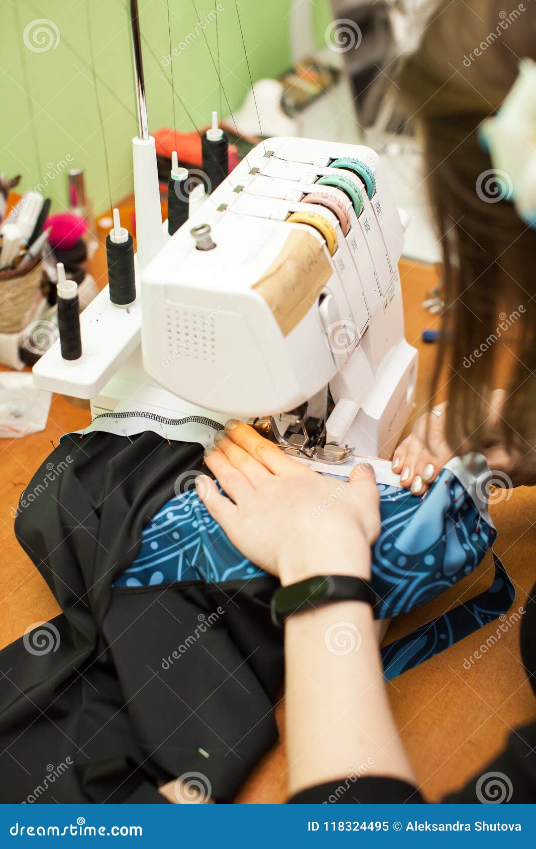 Close Up Tailoring Process - Women`s Hands Behind Her Sewing. Stock ...