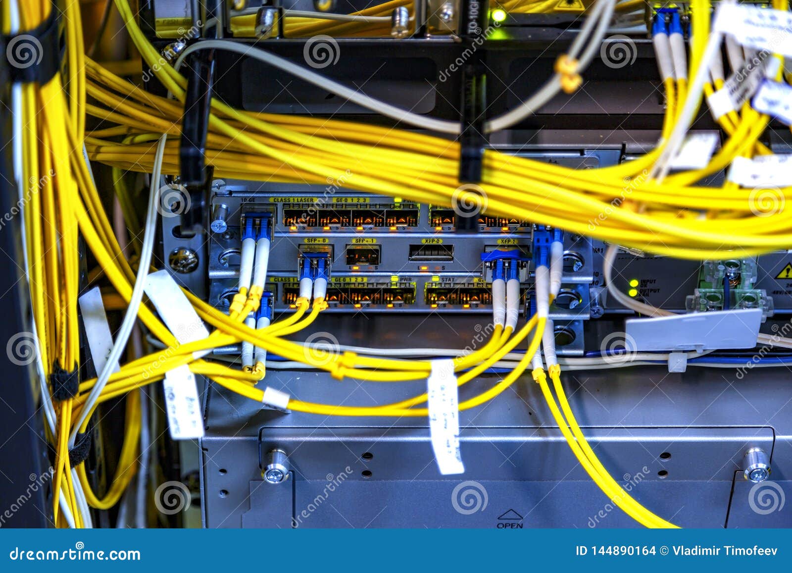 Close Up Telecommunication Working Data Device Fiber Optical Cables ...