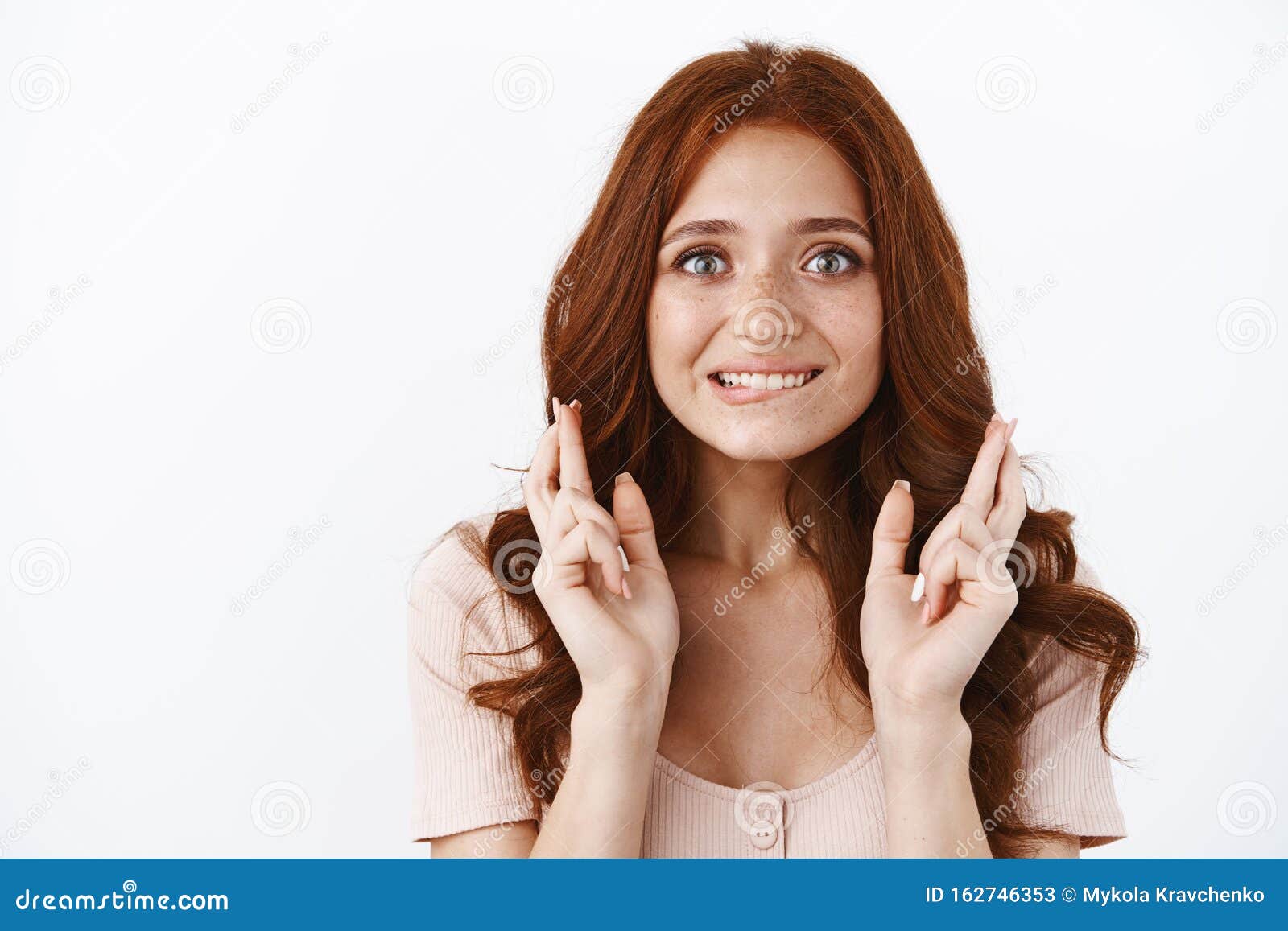 Close Up Tempting And Cute Redhead Girl With Freckles Biting Lip And