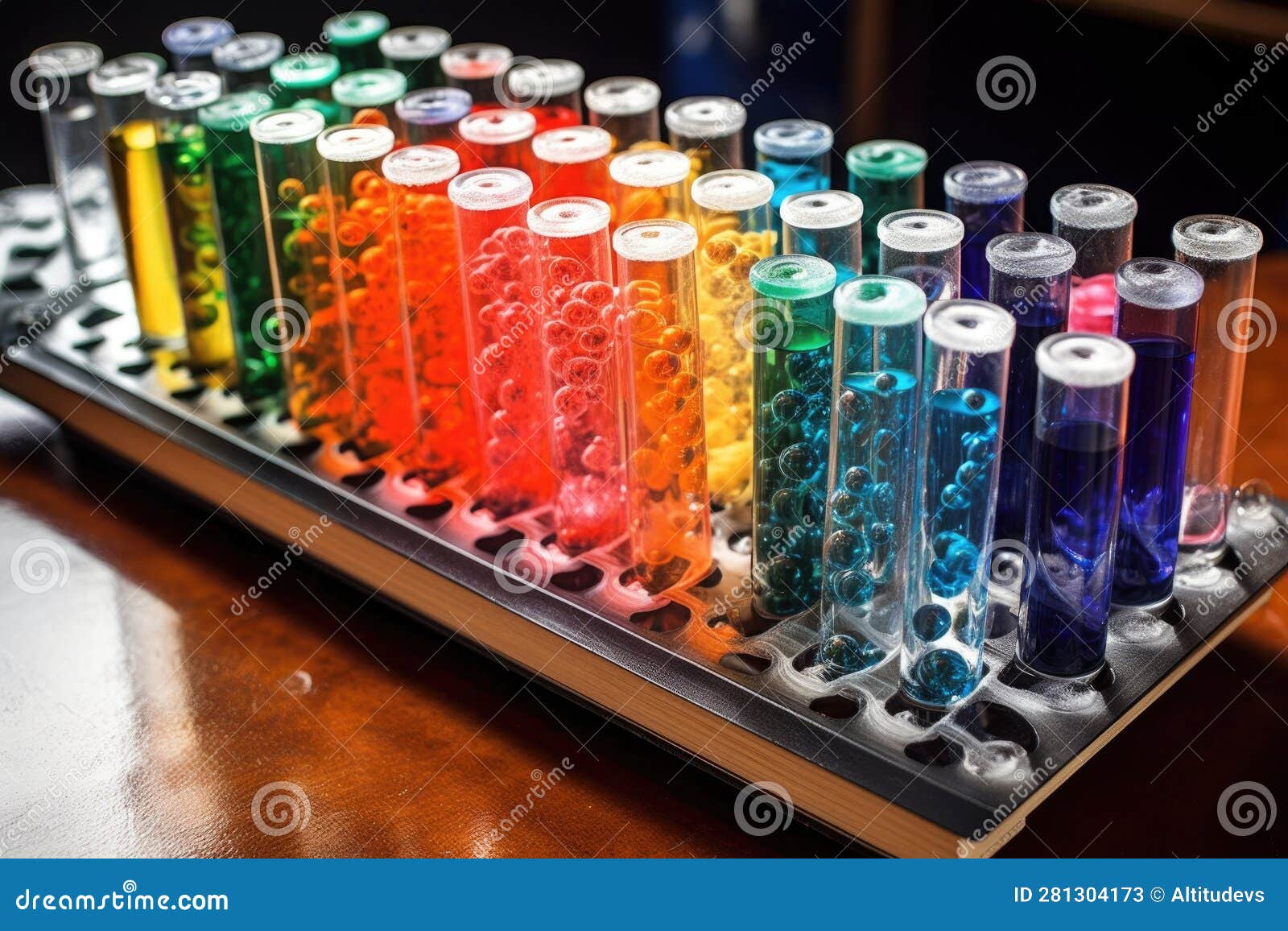 Close-up of Test Tube Rack, with Tubes Filled with Colorful Solutions ...