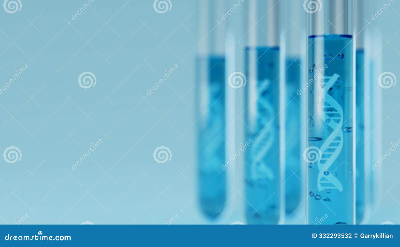 Close Up of Test Tubes with DNA Double Helix Strand Inside on Blue ...