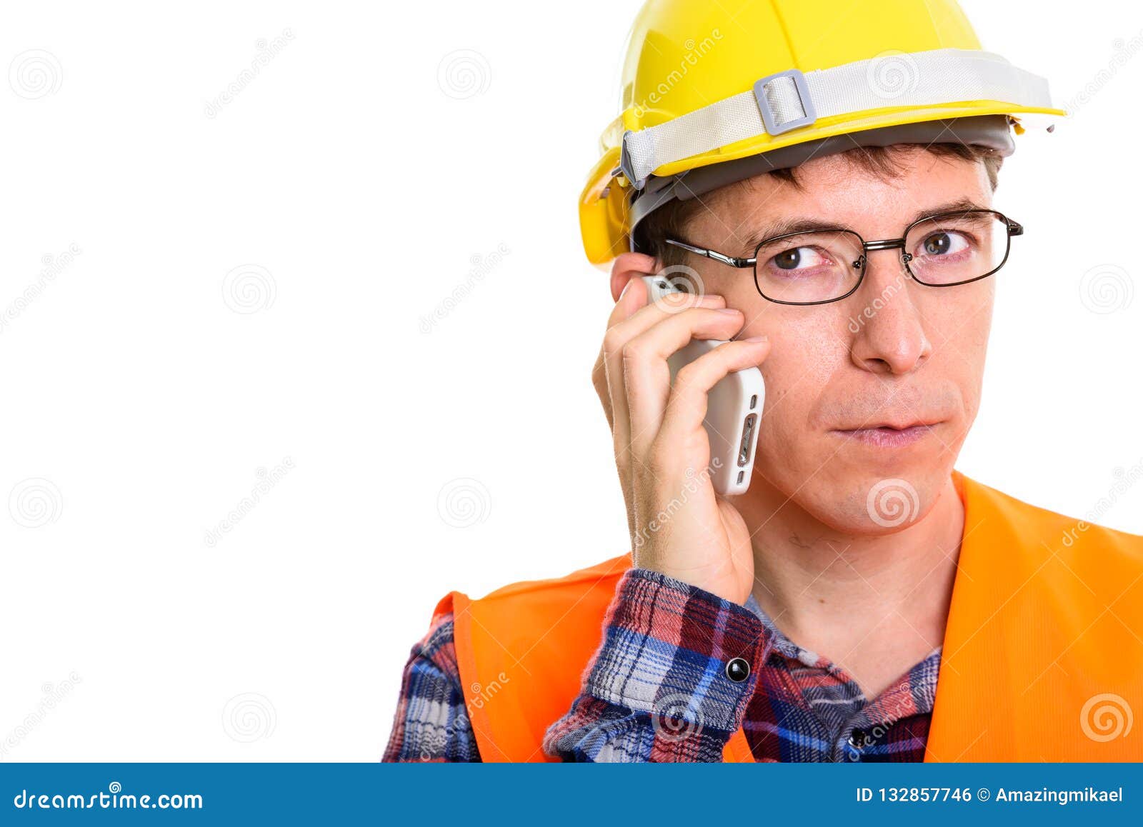Close Up of Thoughtful Man Construction Worker Talking on Mobile Stock ...