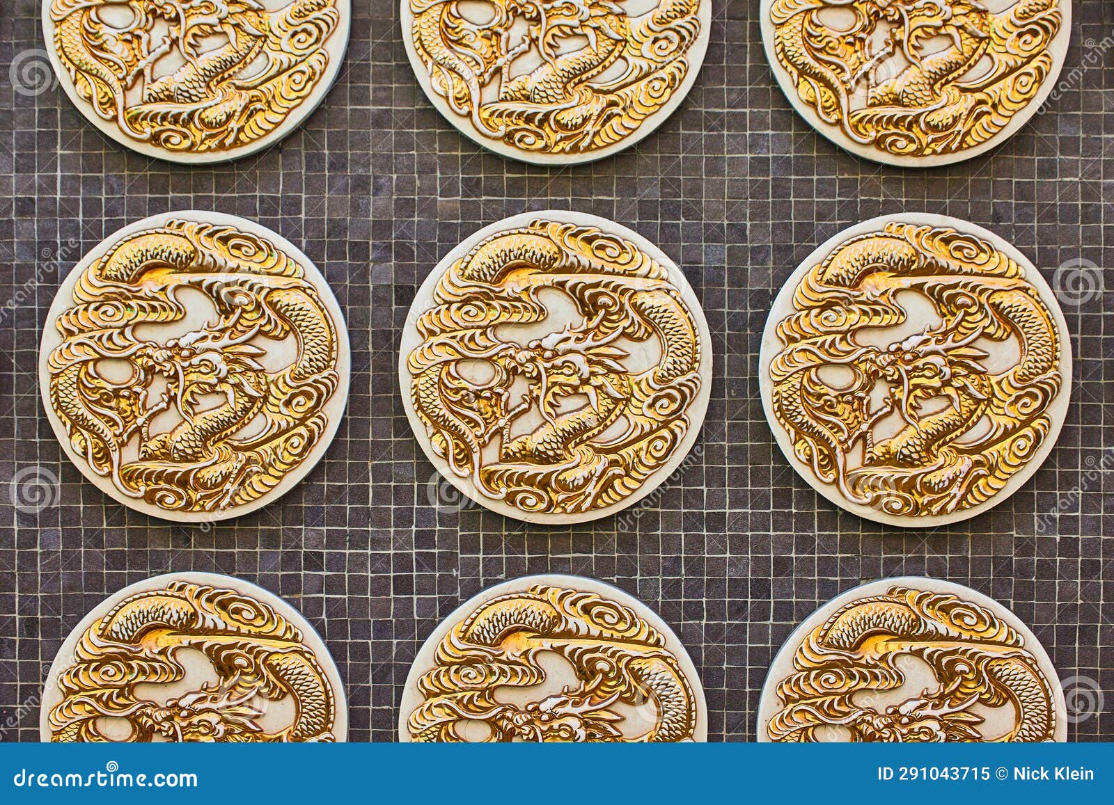 Close Up of Three Golden Dragon Coins on Black Tile Background Stock ...