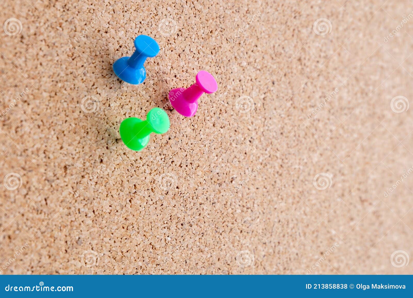 Close Up of Three Push Pins on a Cork Message Board Stock Photo - Image ...