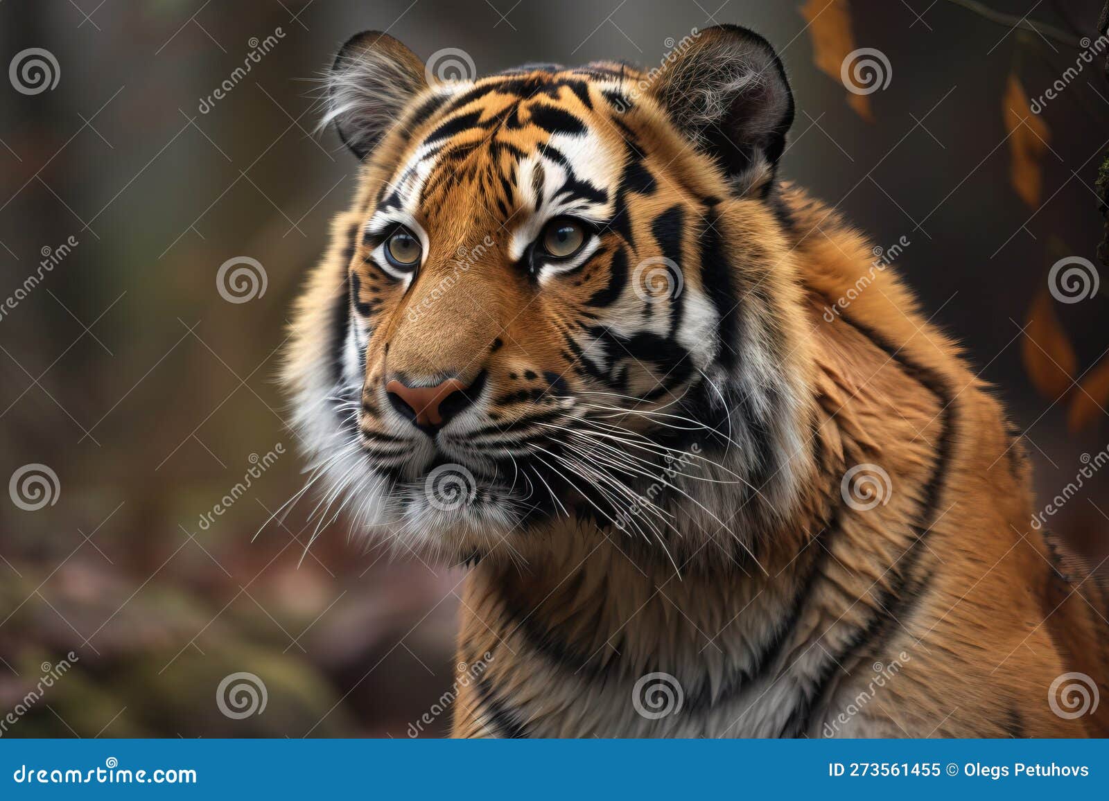 A Close Up of a Tiger in a Forest with Leaves on the Ground and a Tree ...