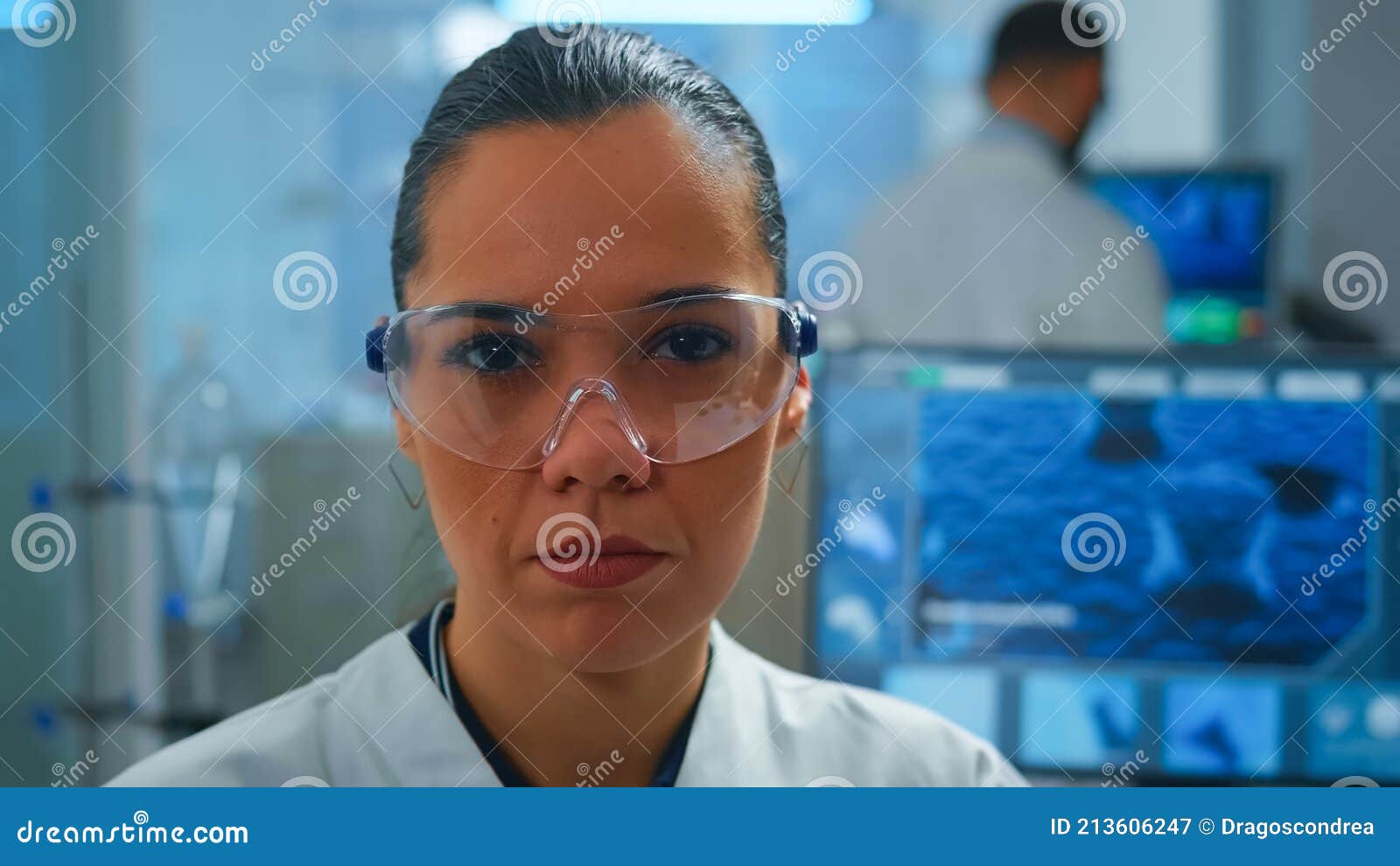 Close Up of Tired Scientist Doctor Looking at Camera Smiling Stock ...