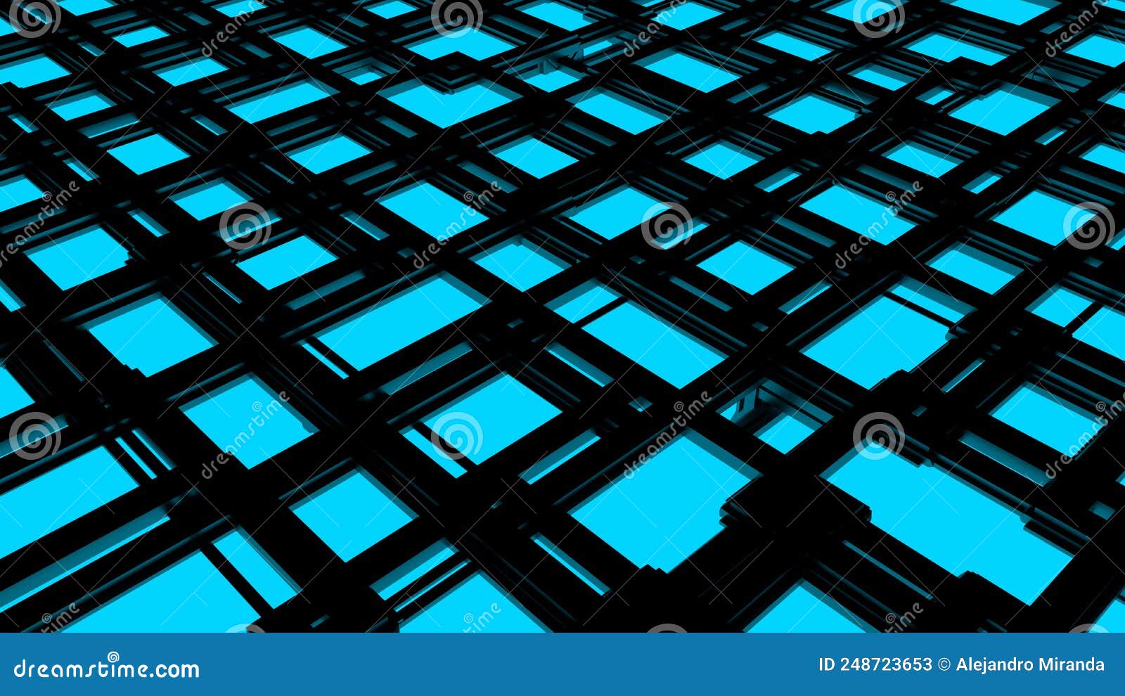 Close-up To Wall with Blue Windows of Black Futuristic Building. 3d ...