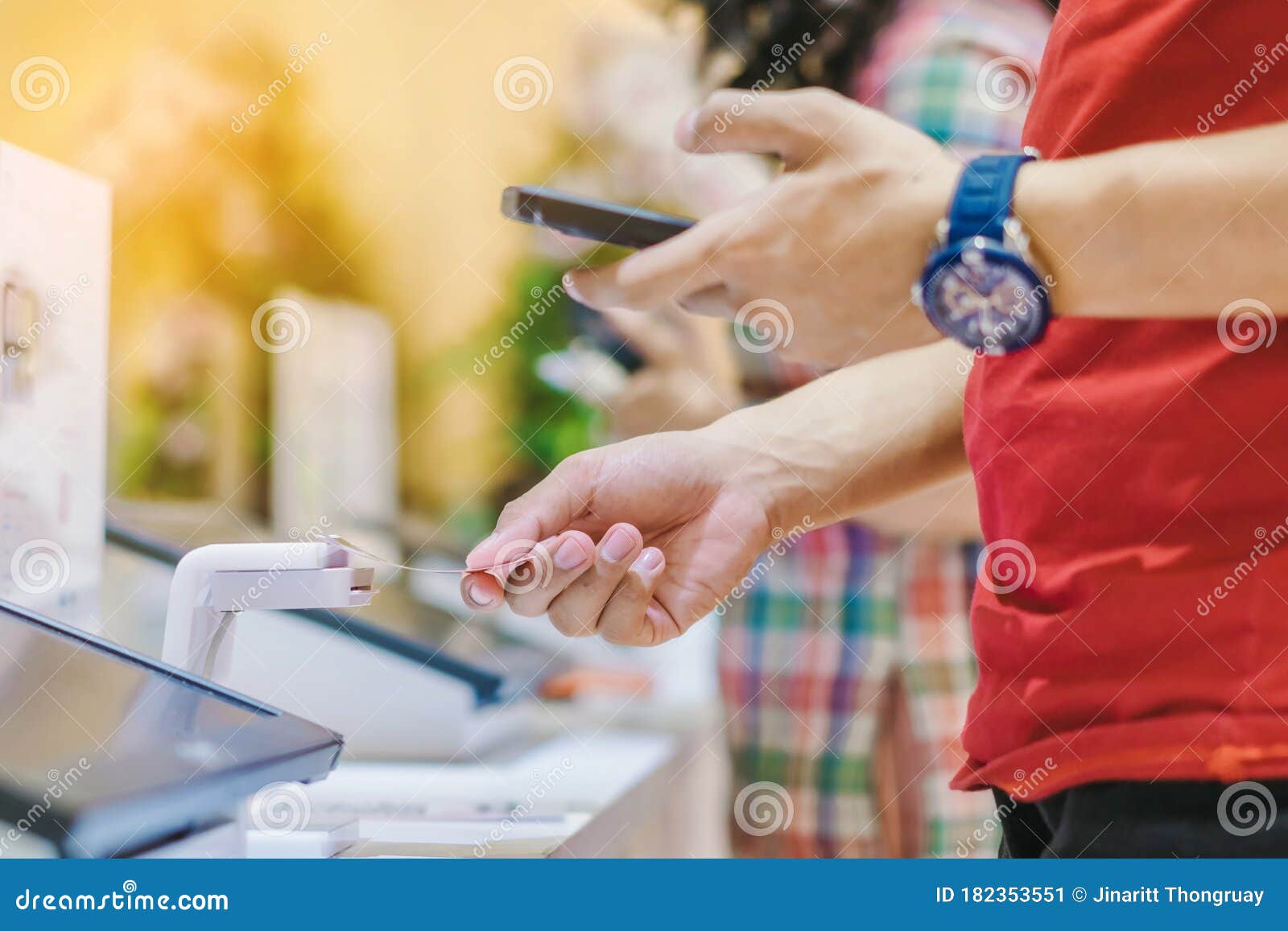 Close Up To Young Man Use the Identification Card Inserted into the ...