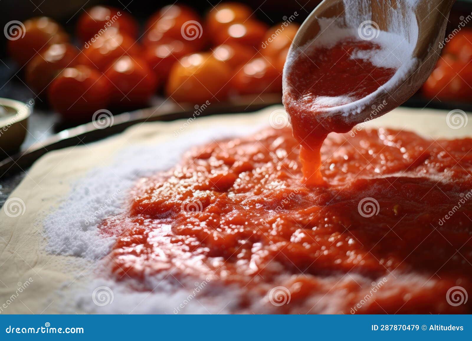 Close-up of Tomato Sauce Being Spread on Pizza Dough Stock Image ...