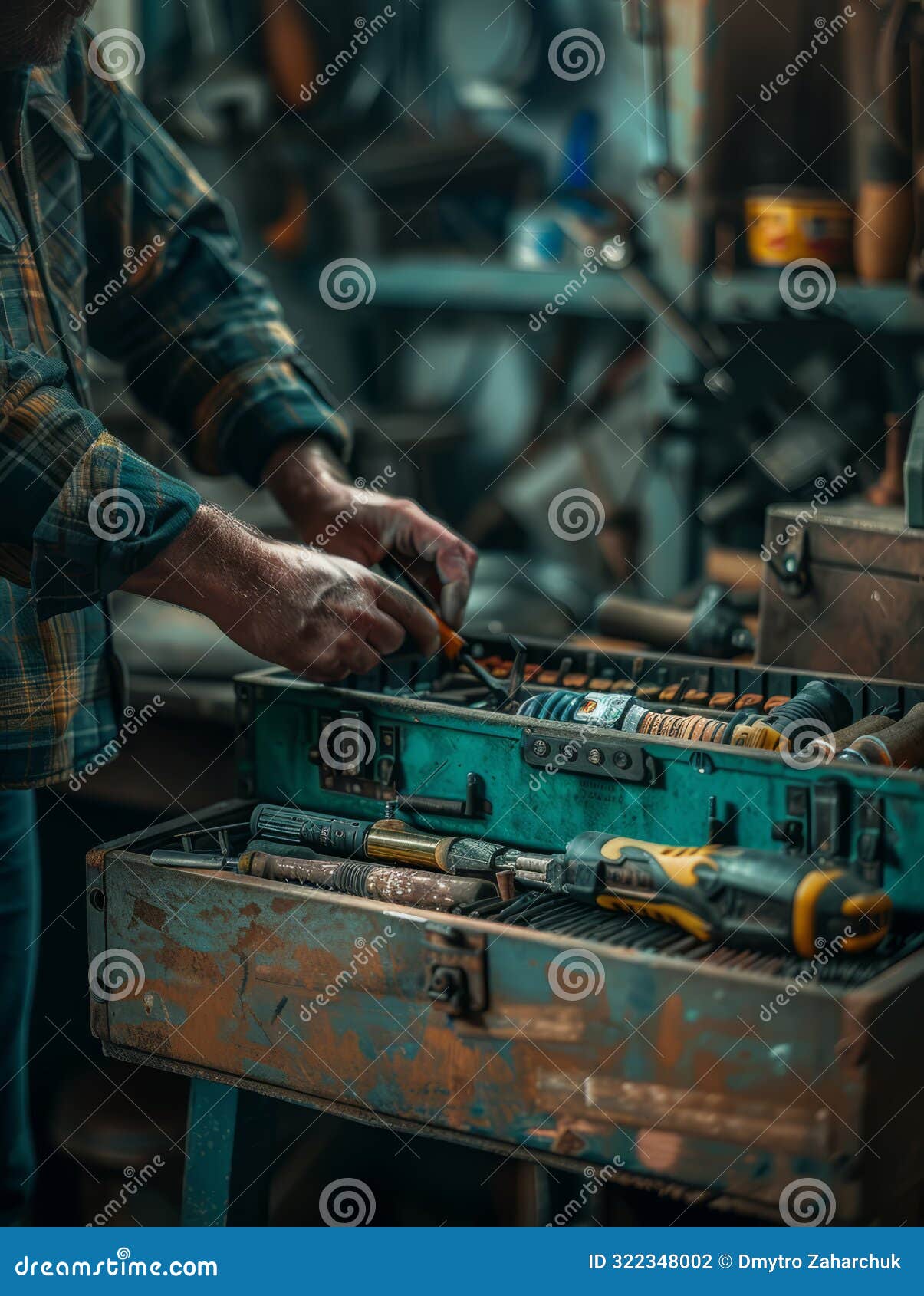 Close-up of a Toolbox Overflowing with Tools, with a Worker& X27;s Hand ...