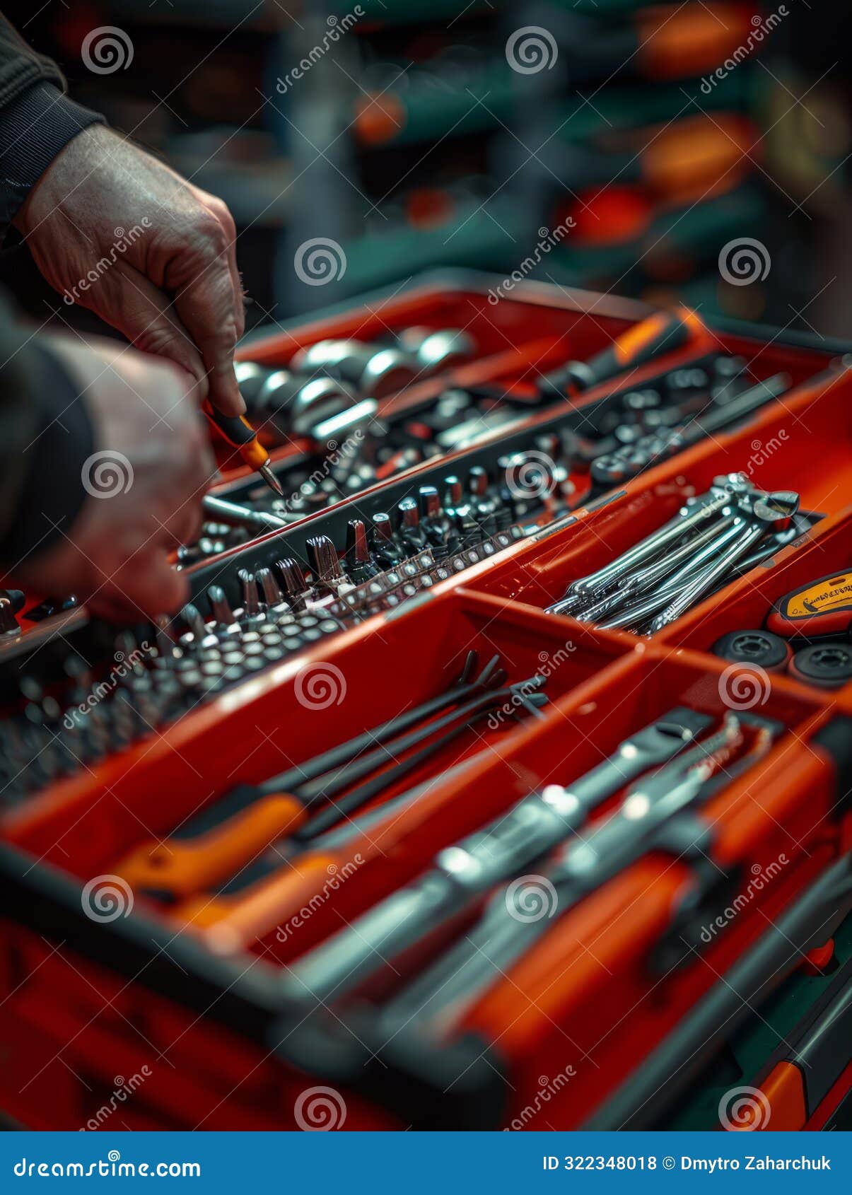 Close-up of a Toolbox Overflowing with Tools, with a Worker& X27;s Hand ...