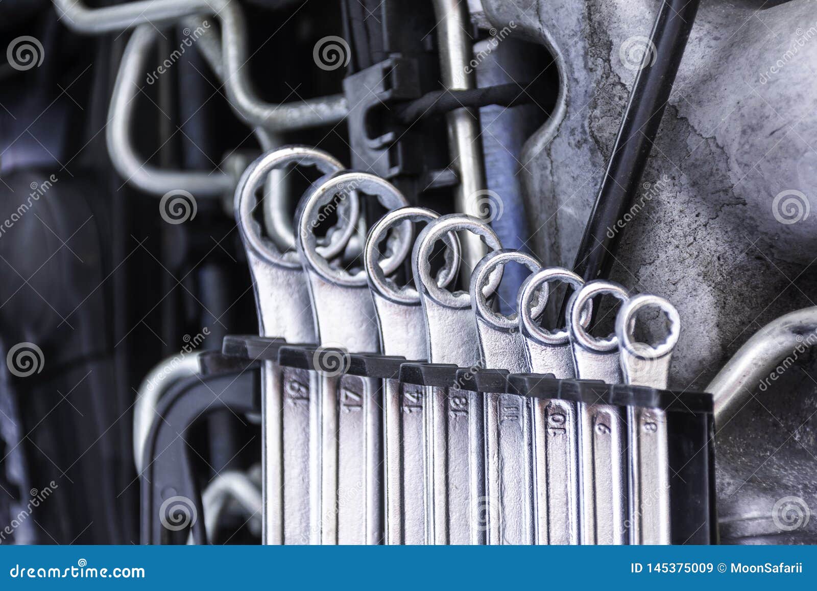Close Up on Tools in Car Engine Bay Stock Image - Image of equipment ...
