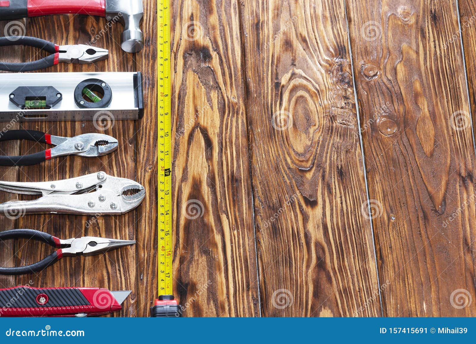Close Up Tools on a Wooden Background Stock Image - Image of handle ...