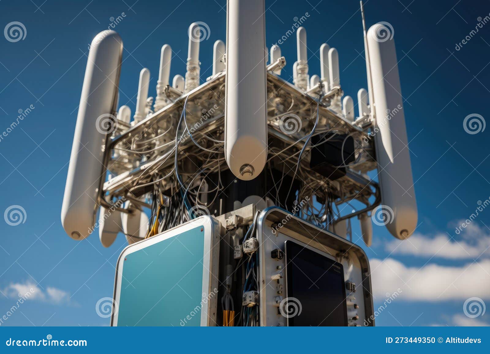 Close-up of the Top of a 5g Tower, with Wires and Antennas Visible ...