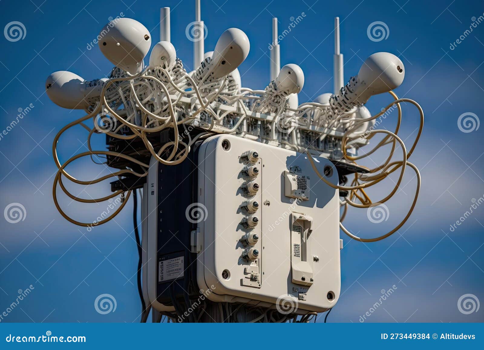 Close-up of the Top of a 5g Tower, with Wires and Antennas Visible ...