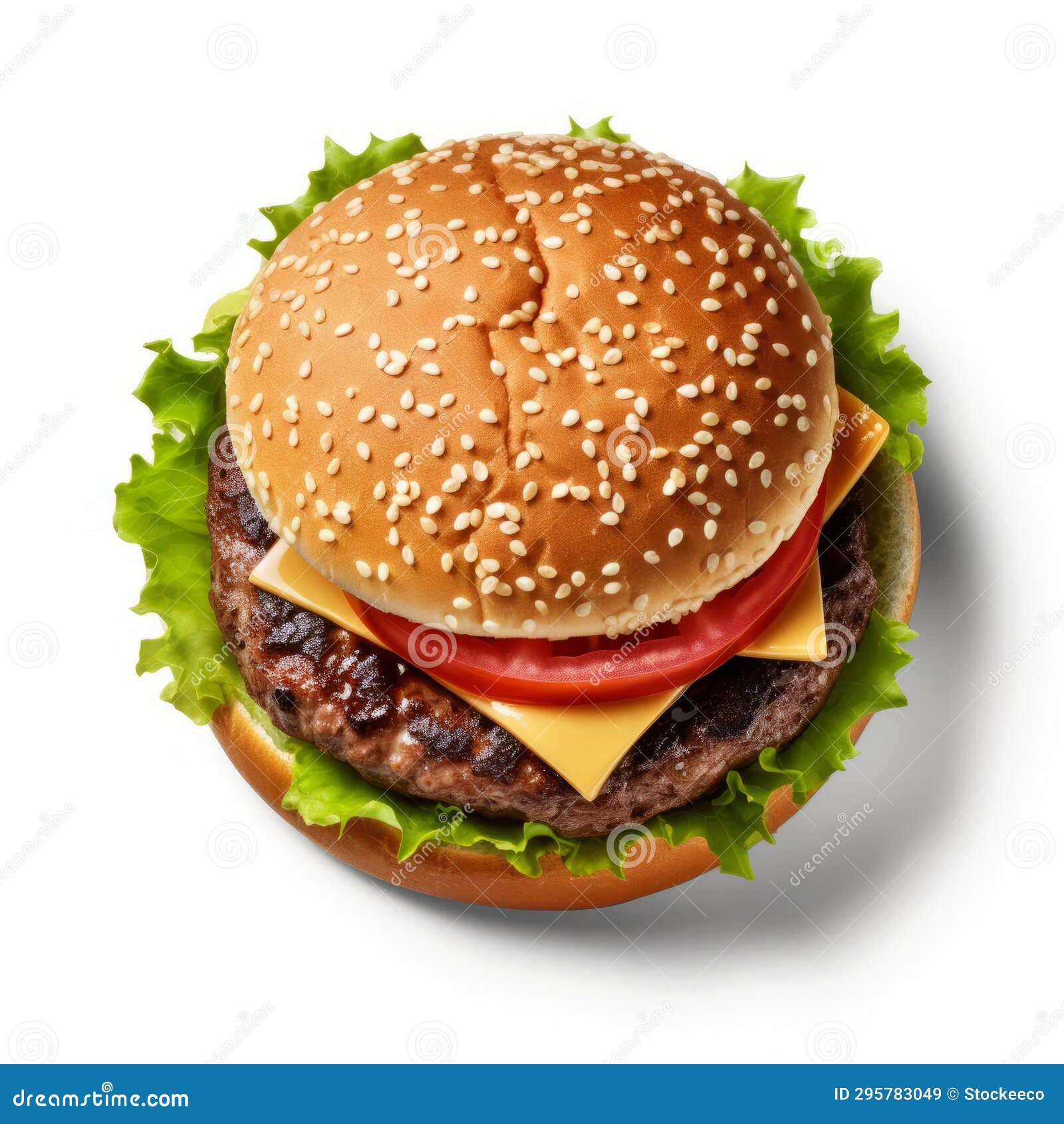 Close-up Top View of Cheeseburger on White Background Stock ...