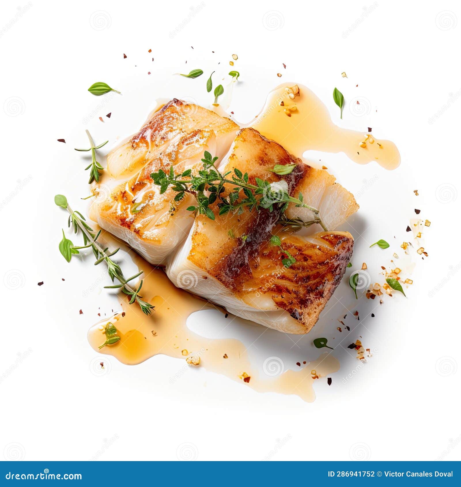 Close Up Top View of Cooked Fish Cod Served with Herbs , Isolated Stock ...