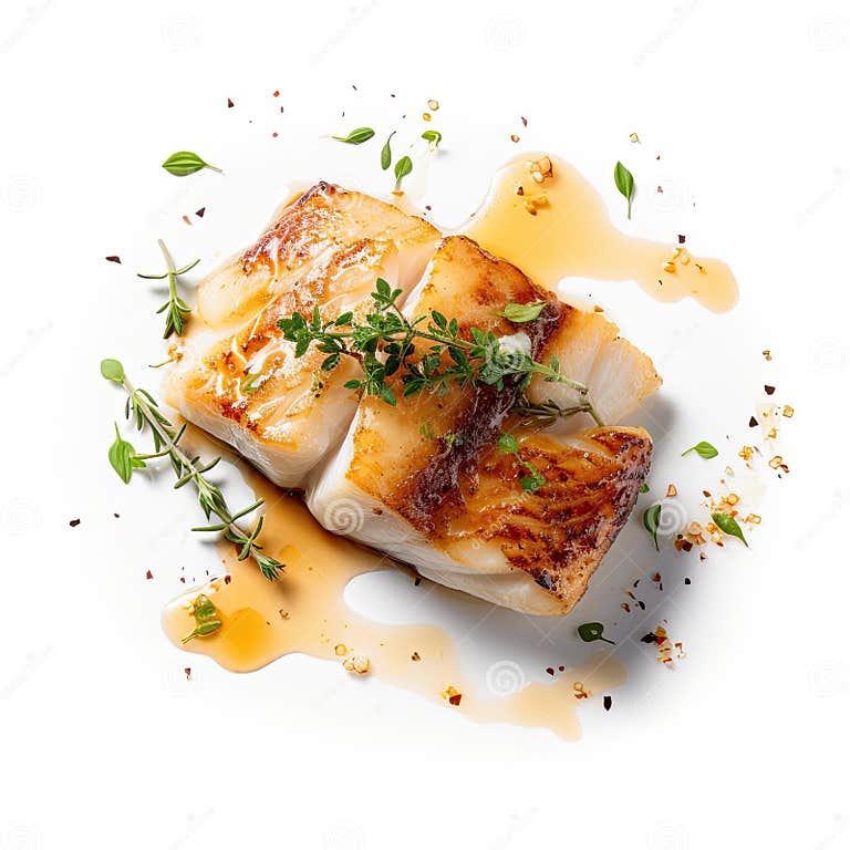 Close Up Top View of Cooked Fish Cod Served with Herbs , Isolated Stock ...