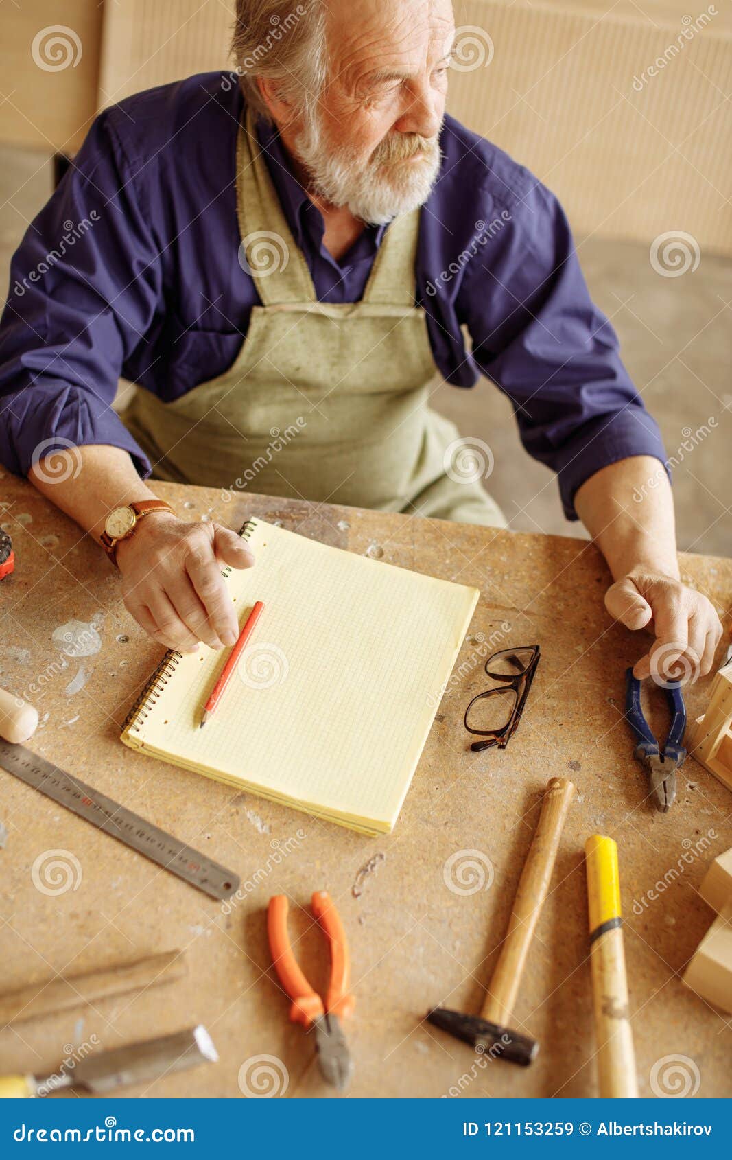 Close Up Top View Image of Old Builder with Pensive Look in Workshop ...