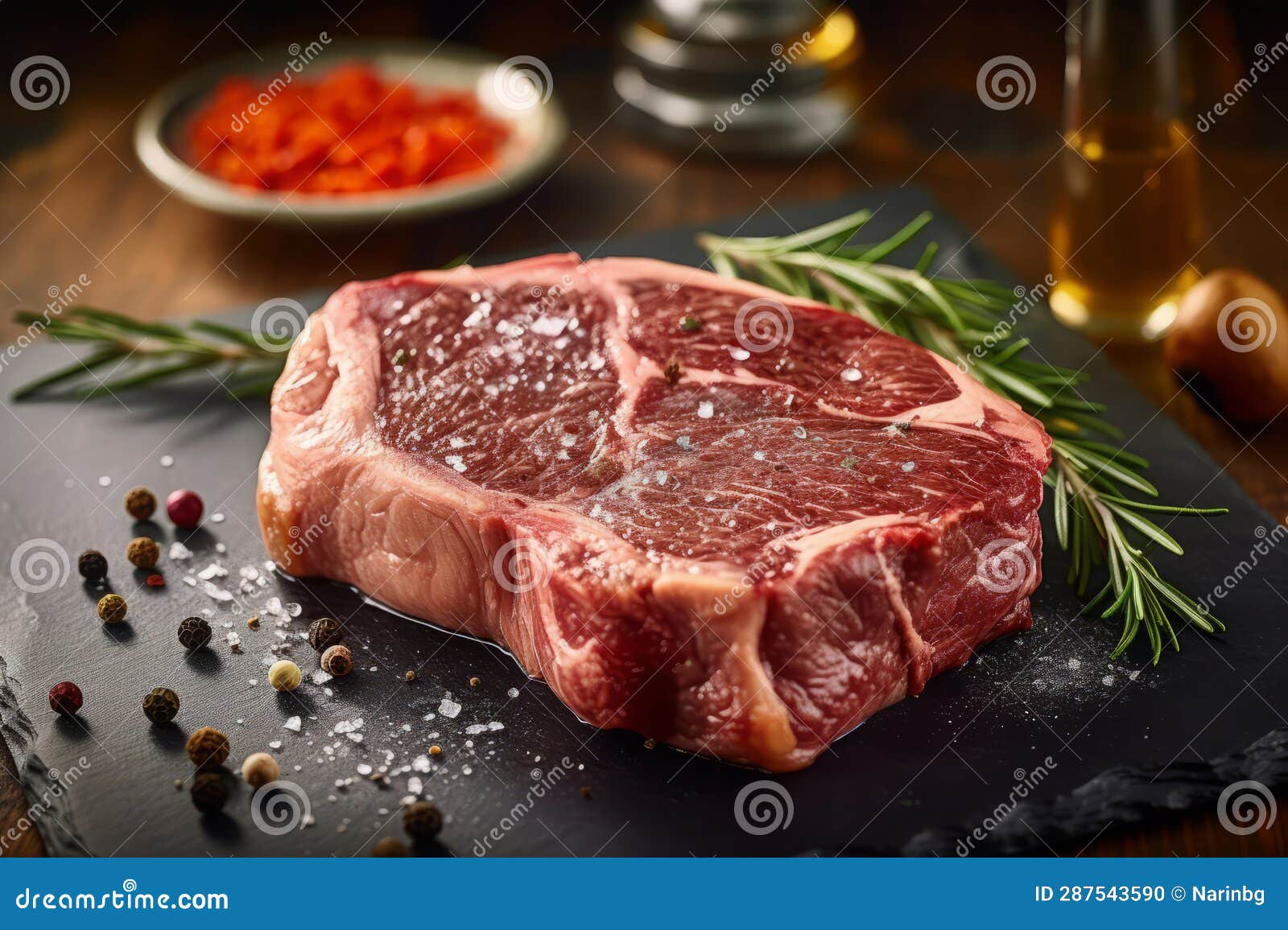Close-up Top View of Ingredients Ribeye Steak on a Table. AI Generated ...