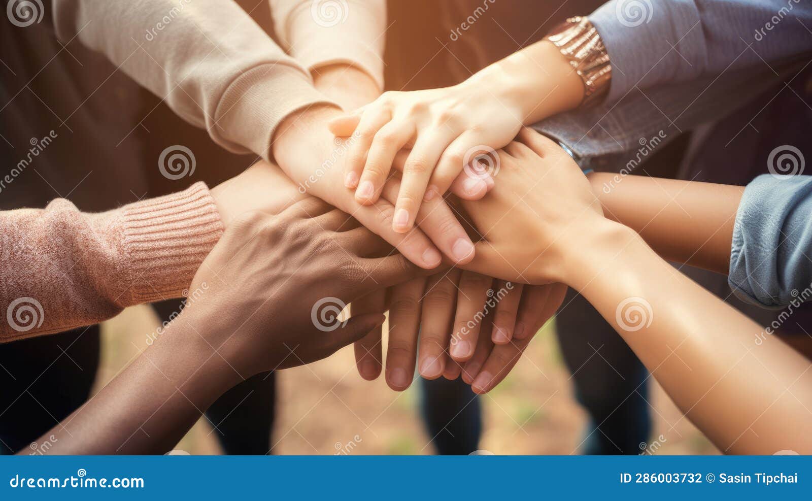Close Up Top View of Young People Putting Their Hands Together. Friends ...