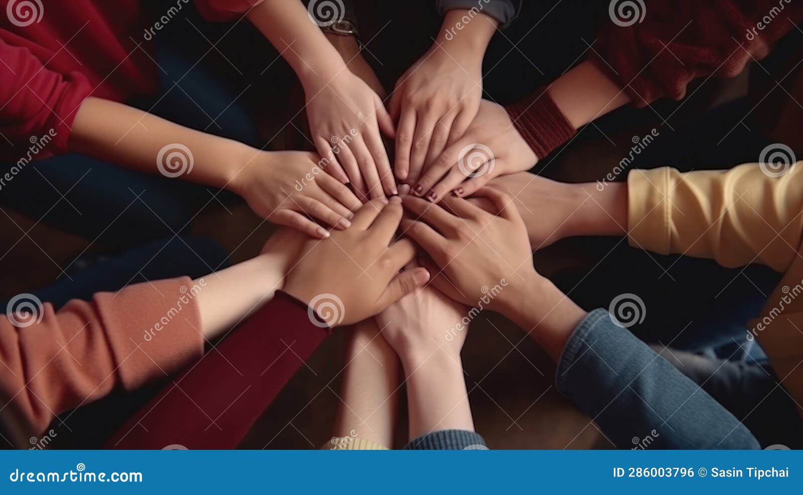 Close Up Top View of Young People Putting Their Hands Together. Friends ...