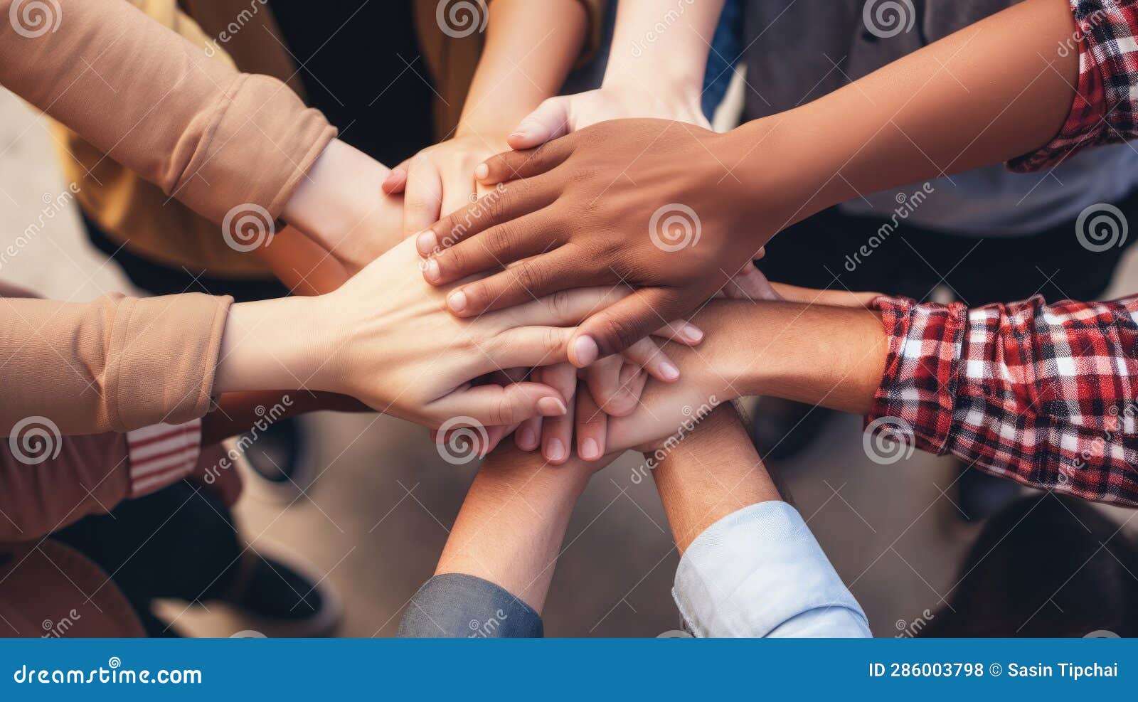 Close Up Top View of Young People Putting Their Hands Together. Friends ...