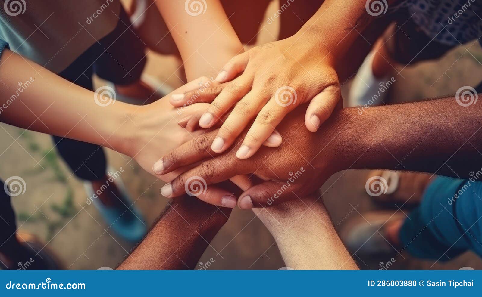 Close Up Top View of Young People Putting Their Hands Together. Friends ...