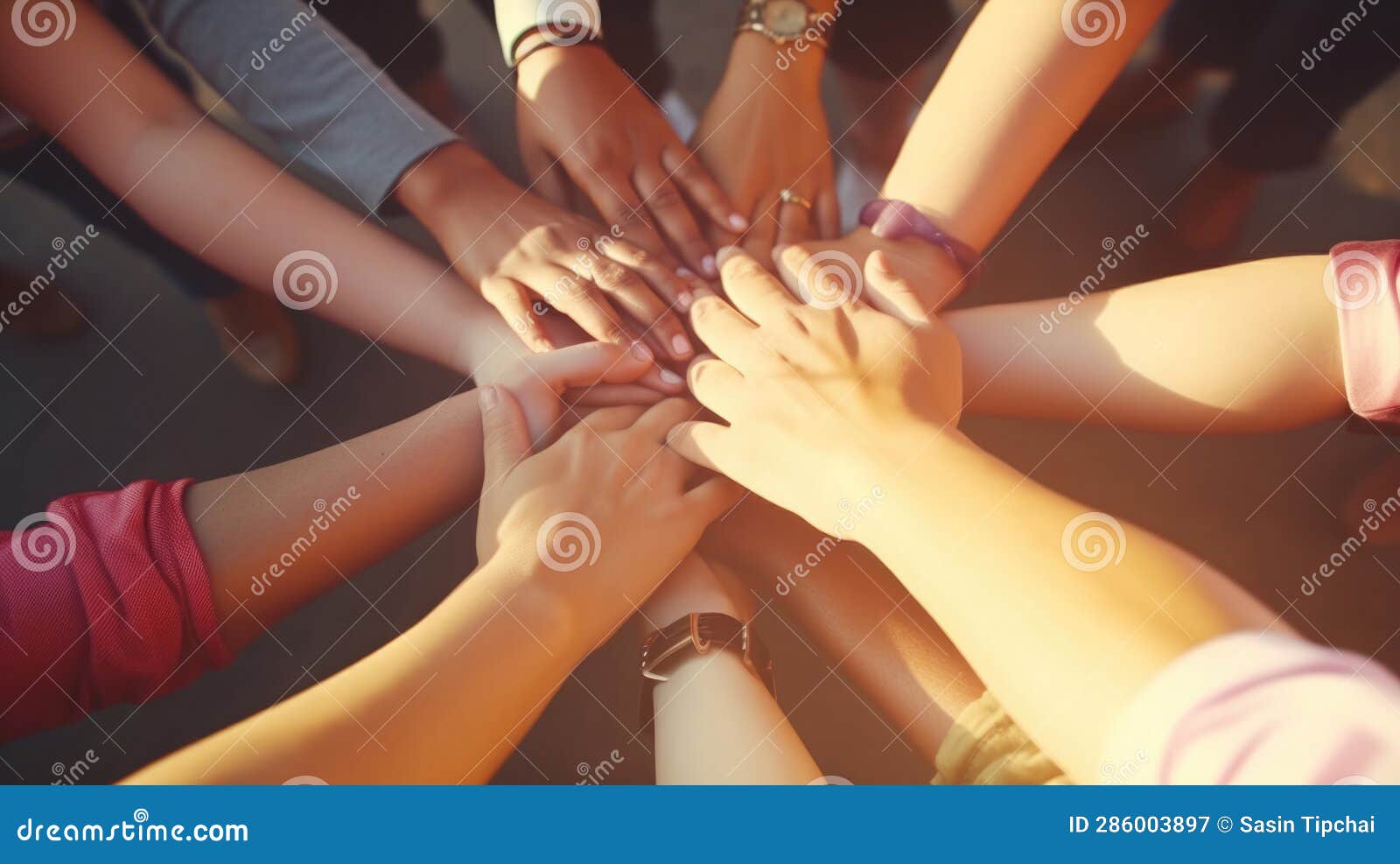 Close Up Top View of Young People Putting Their Hands Together. Friends ...