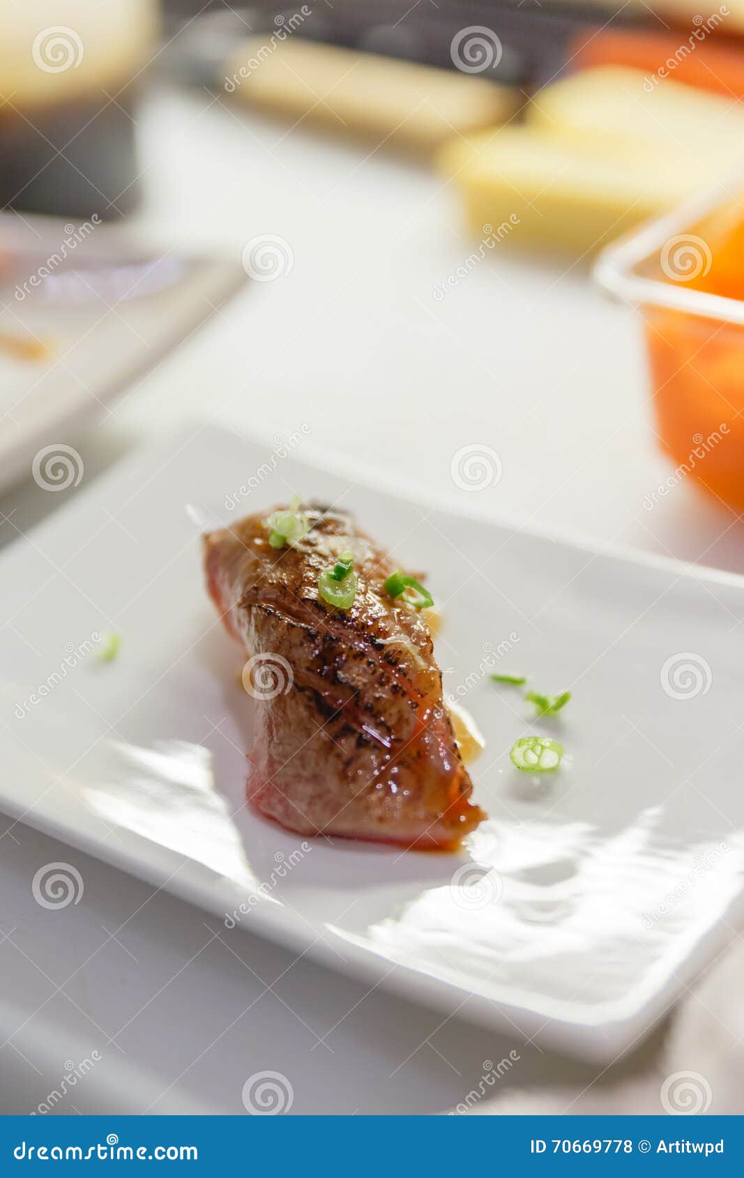 Close-Up Torched Wagyu Sushi with Medium Rare Cooked Stock Photo ...