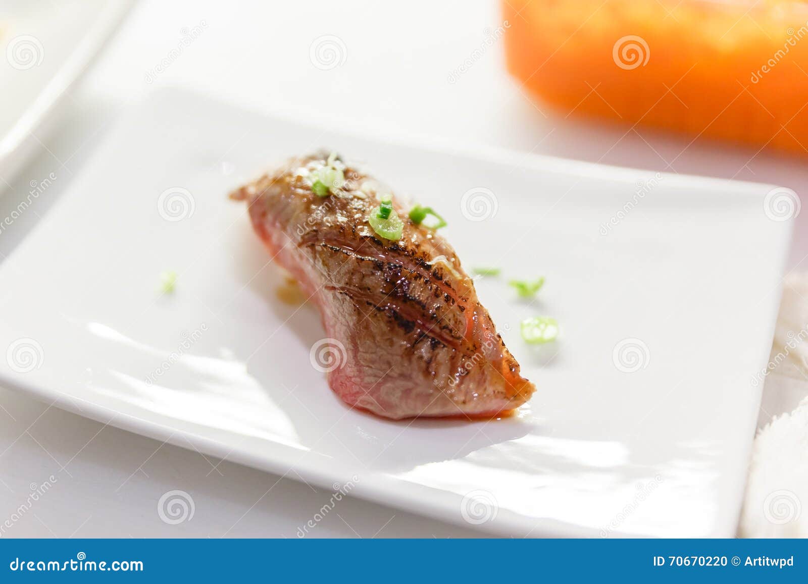 Close-Up Torched Wagyu Sushi with Medium Rare Cooked Stock Photo ...