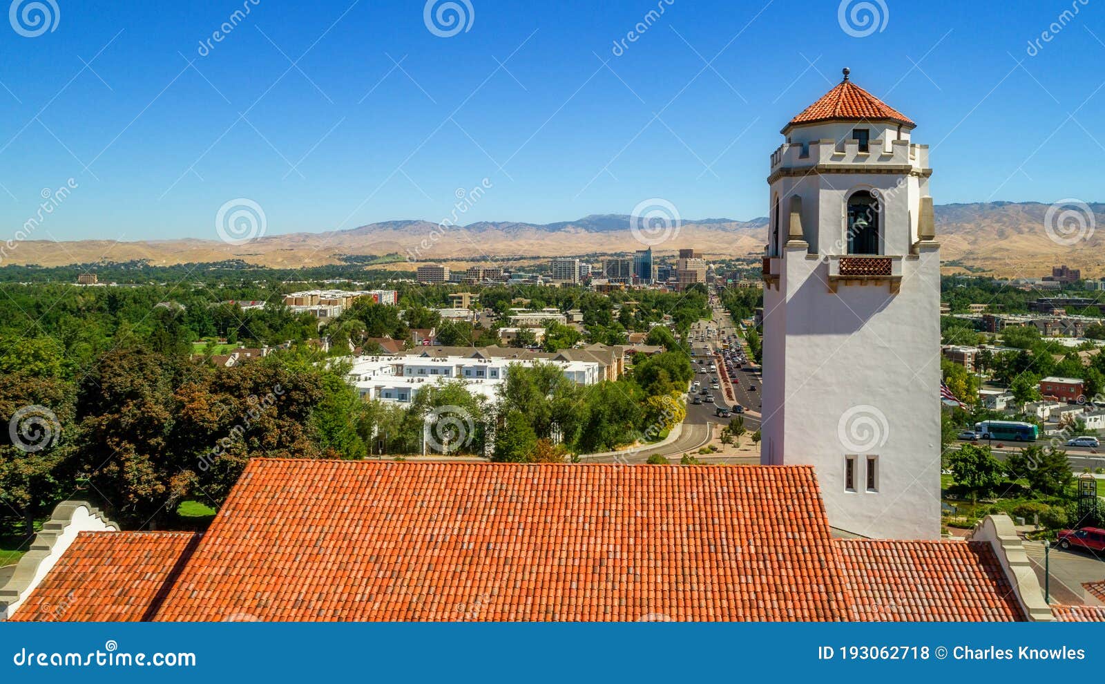 Close Up of Train Depot Clock Tower with Boise in the Background Stock ...