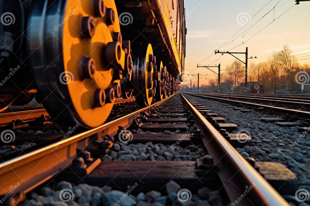 Close-up of Train Wheels on Tracks at Dawn Stock Illustration ...