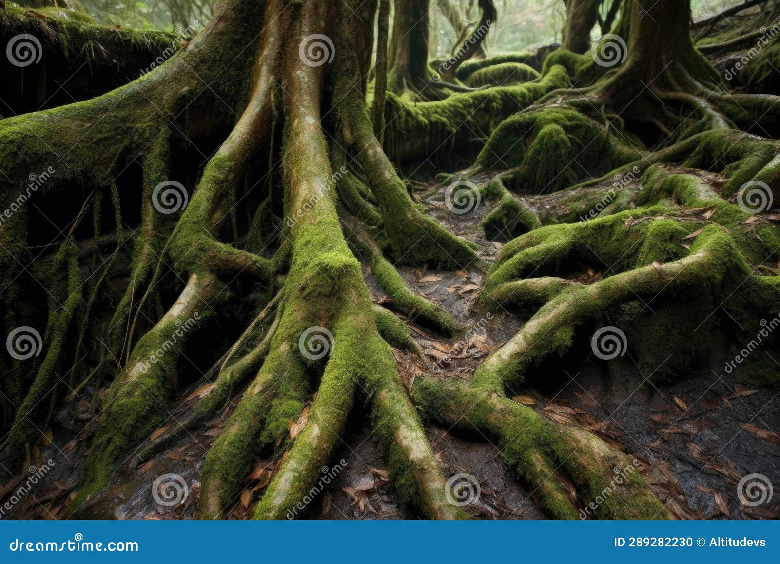 Close-up of Twisted Tree Roots Over Mossy Forest Ground Stock Photo ...