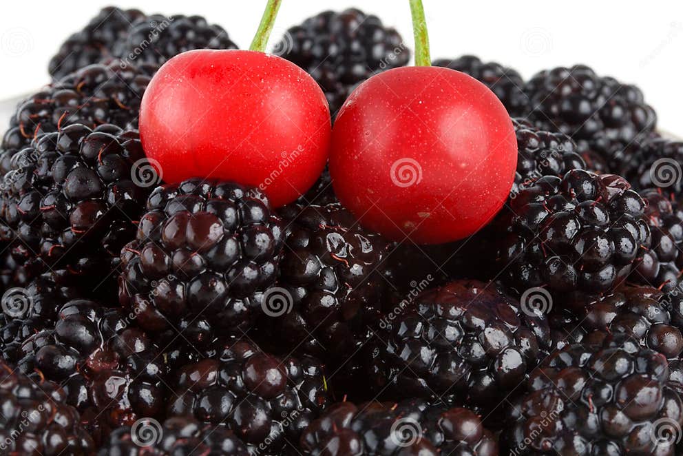 Close-up Two Cherry and Blackberries Stock Image - Image of sweet ...
