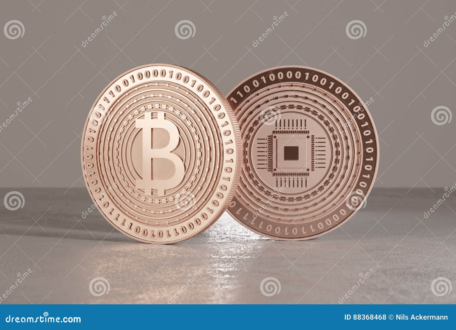 Close Up of Two Copper Bitcoins with Focus on Foreground As Example for ...
