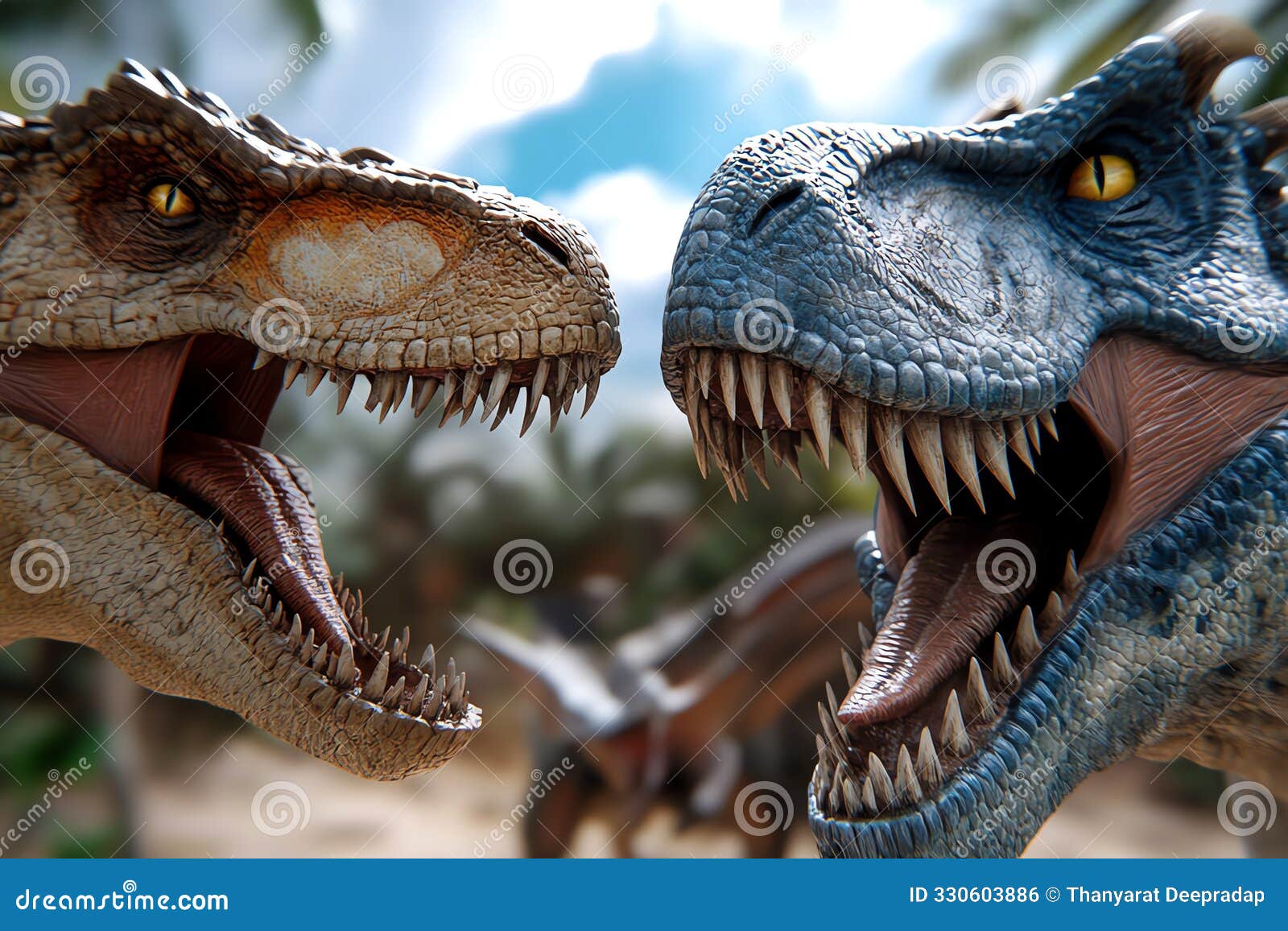 Close-up of Two Fierce Dinosaurs Facing Each Other with Sharp Teeth ...