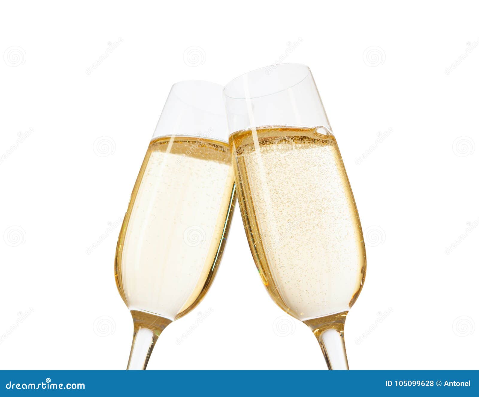 Close Up Of Two Glasses Of Champagne Clinking Together Isolated On