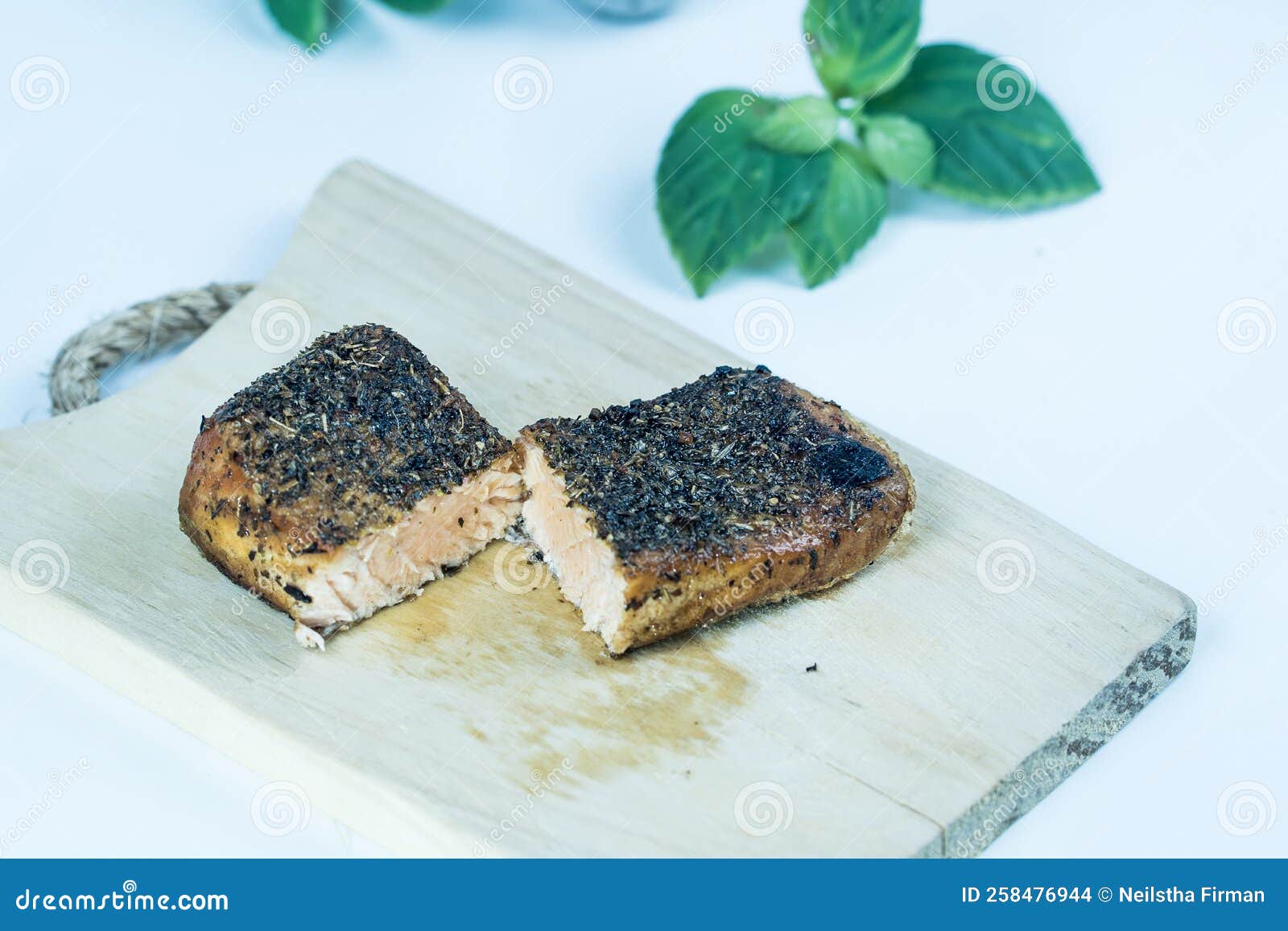 Two Half Cuts Salmon with Herbs Stock Photo - Image of fillet, saute ...