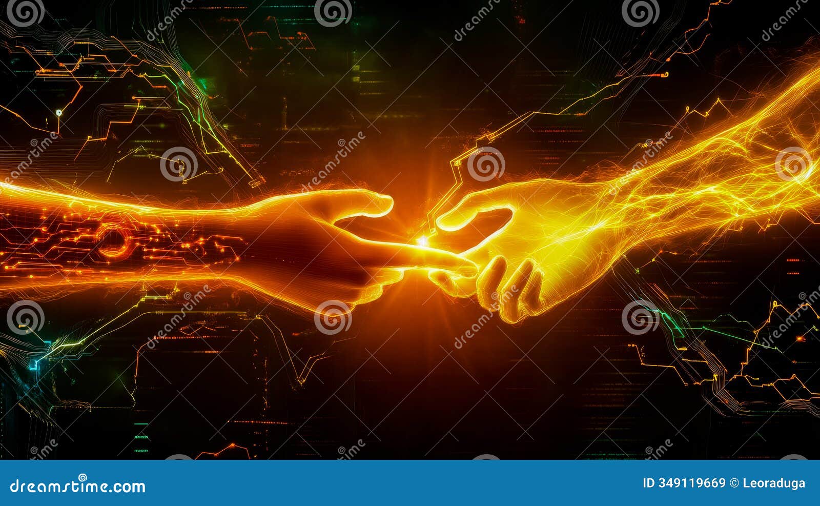 Close-up of Two Hands Connecting Digitally, Formed by Glowing Lines and ...