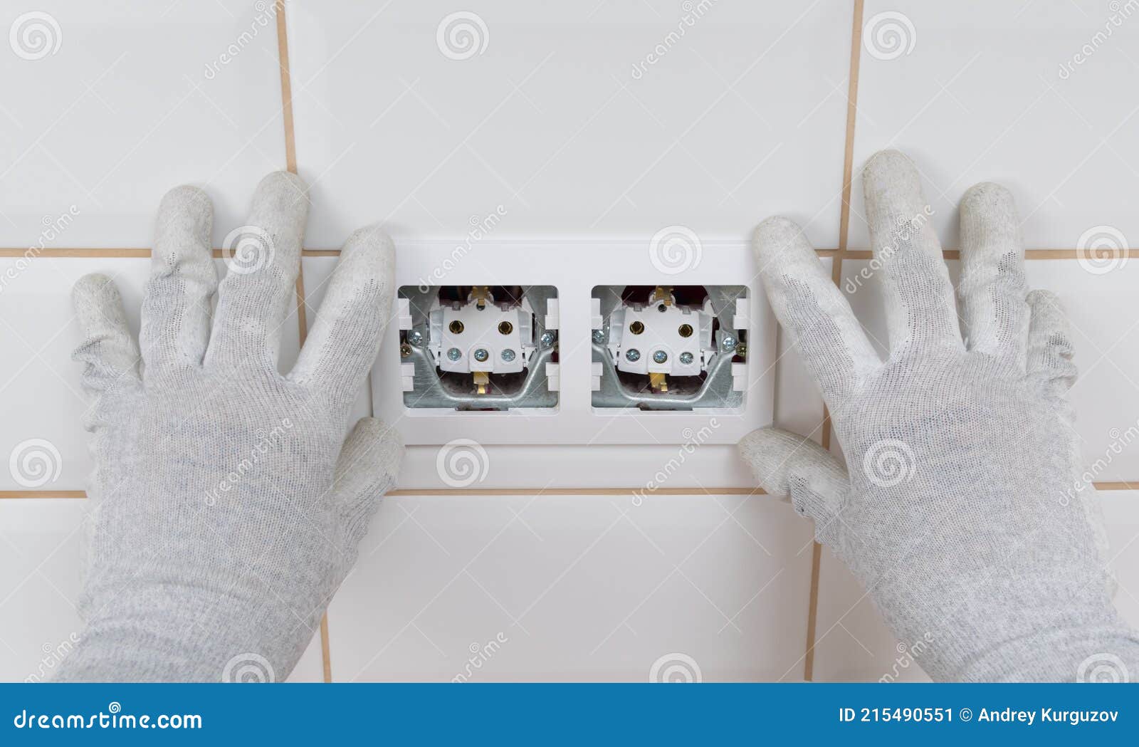 Close-up of Two Hands in Protective Gloves, Installing an Electrical ...