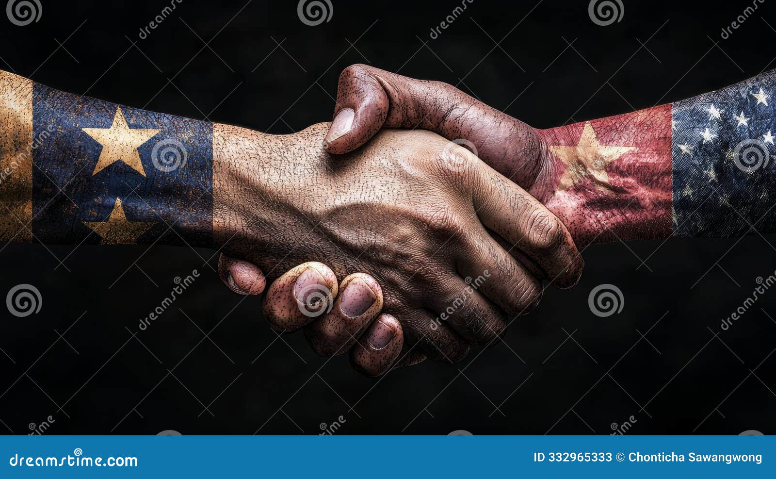 A Close-up of Two Hands Shaking, Showcasing Painted Flags Symbolizing ...
